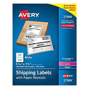 Avery Printable Shipping Labels with Paper Receipts, 5-1/16" x 7-5/8", White, 100 Blank Mailing Labels (27900)