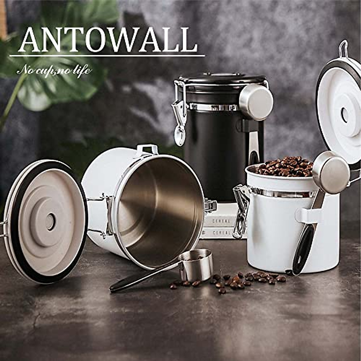 ANTOWALL Coffee Containers Stainless Steel 1.8L Coffee Jar Canister Airtight Storage Coffee Tank With Scoop & Date Tracker For Coffee Bean, Tea, Sugar, Flour (Black)
