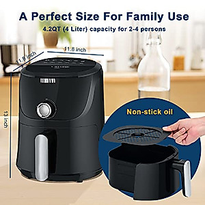 LATURE 4.2 QT Air Fryer Oven Cooker with Temperature and Time Control Dishwasher Non-stick Basket 6 Cook Presets CE Certified Black (Black-Knob)