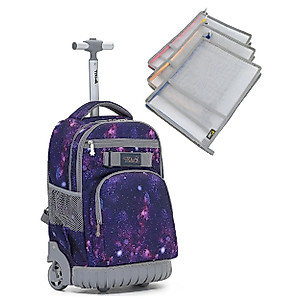 NEW TILAMI 18 Inch Rolling Backpack with Zipper Mesh Pouch Boys Girls Wheeled Laptop Backpack for School Travel Trip Backpack, Purple Galaxy