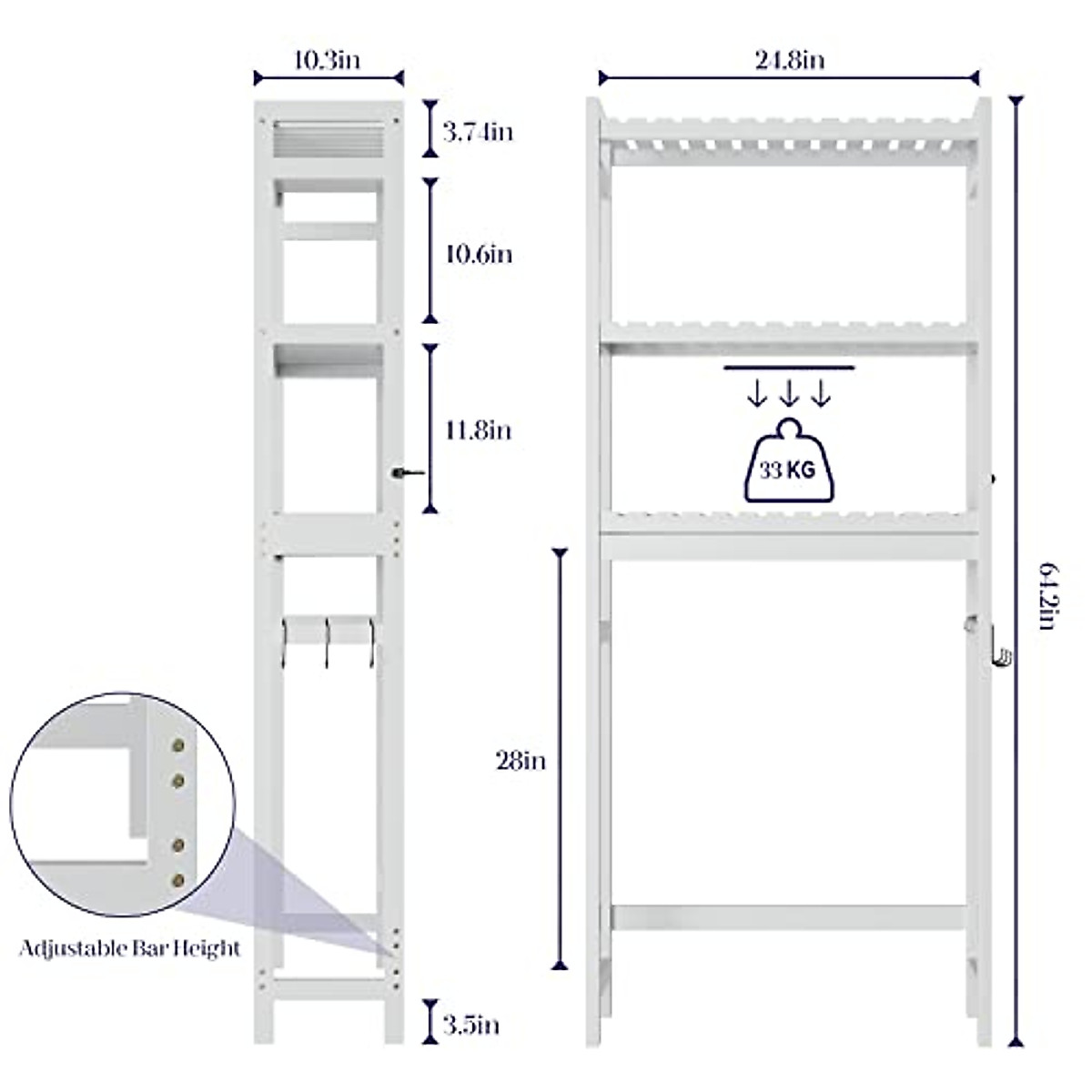 linstock Over The Toilet Storage, 3 Shelf Bathroom Space Saver, Bamboo Stable Freestanding Above Toilet Stand with 3 Hooks for Bathroom, Restroom, Laundry, White