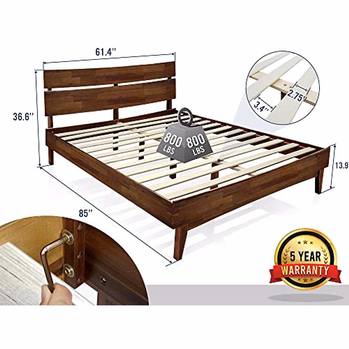 Acacia Aurora 14 Inch Wood Platform Bed, Bed Frame with Headboard, Queen Size Frame, Chocolate