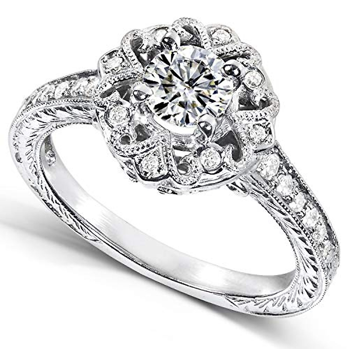 Kobelli Moissanite (GH) and Diamond Floral Antique Style Engagement Ring 2/3 CTW 14k White Gold, 10