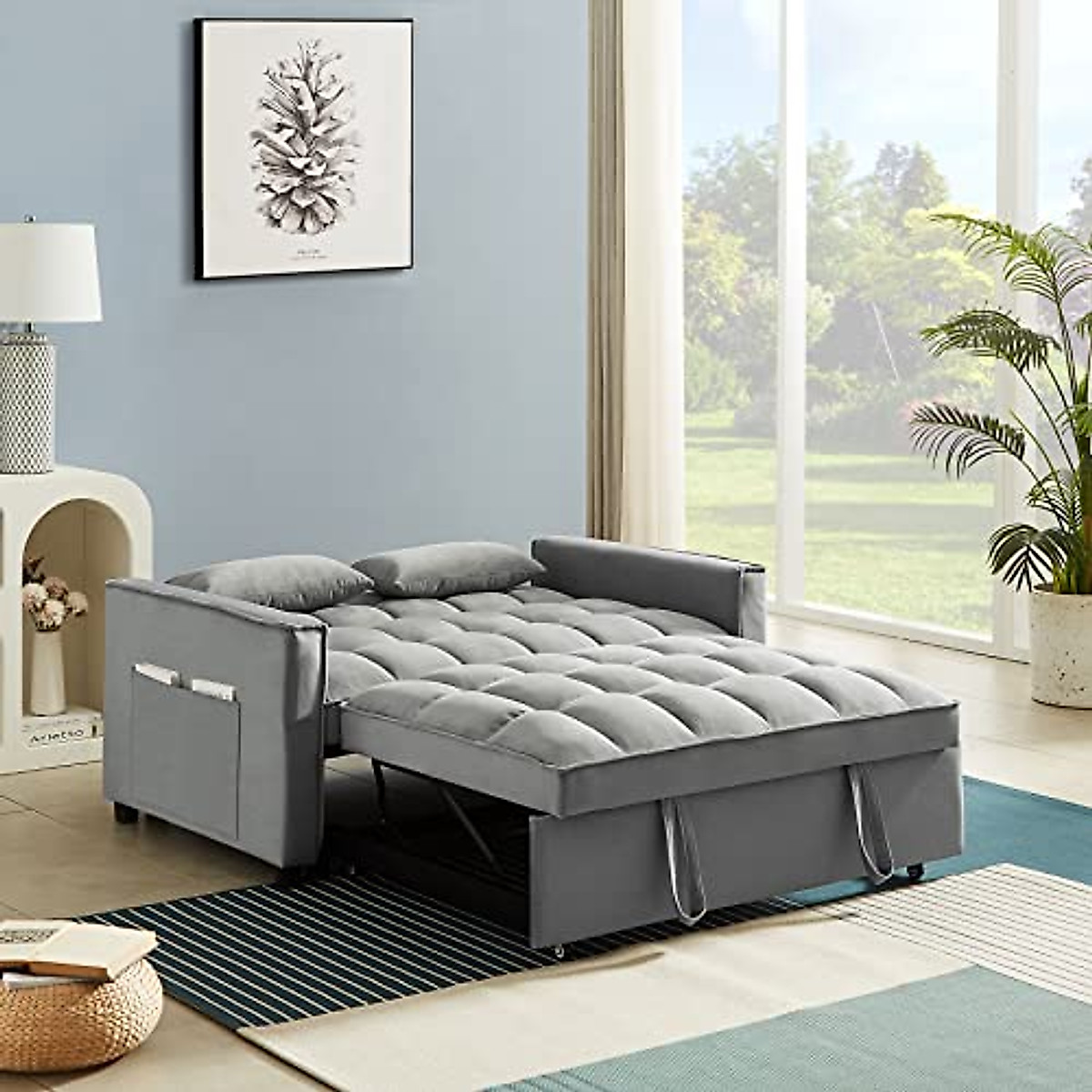 FULife Bed Convertible Sofa Pull-Out Sleeper, Loveseat Futon Sofá Chair w/Adjustable Reclining Backrests,Side Pockets&2 Pillows,Velvet Small Love Seat Lounge Couch, Grey-b