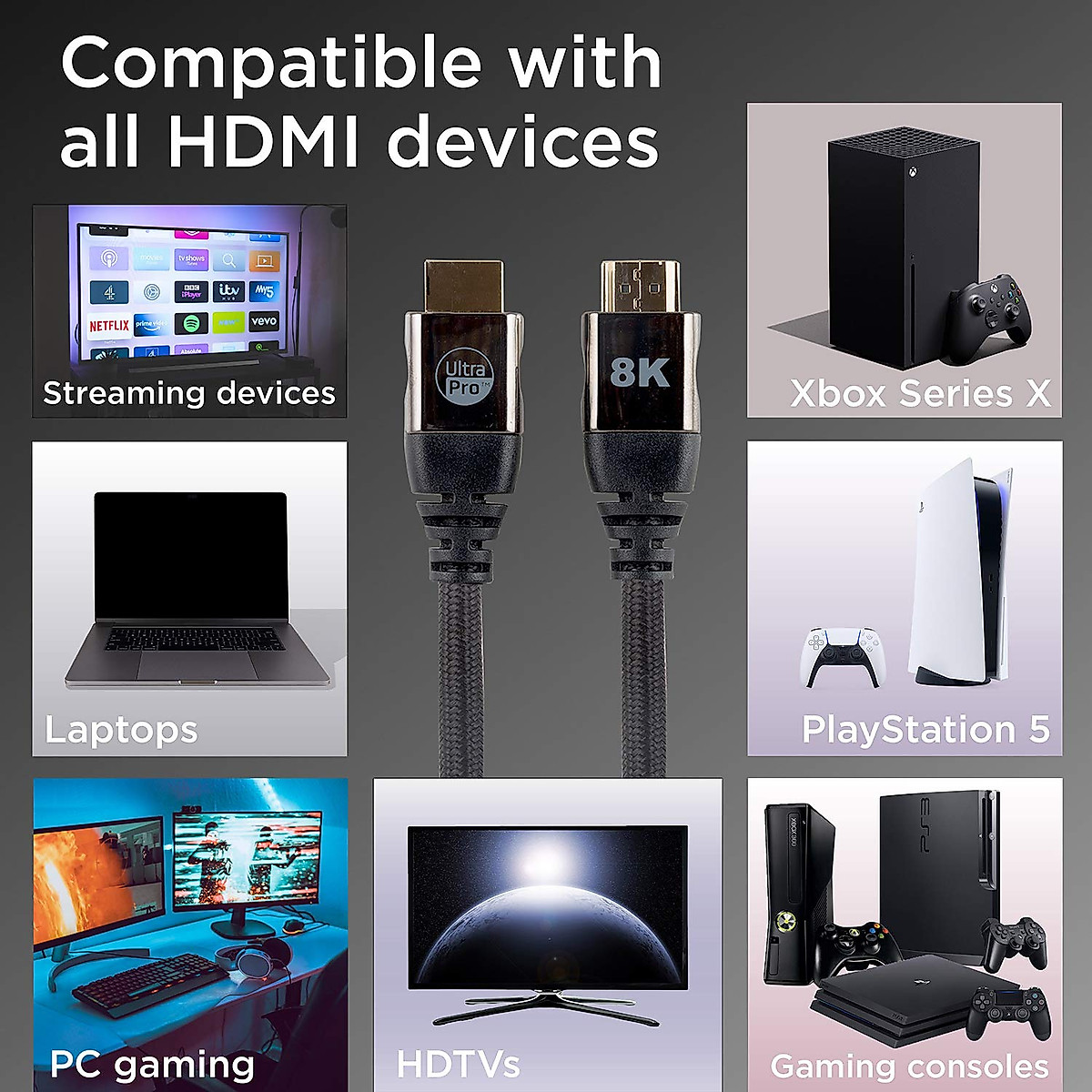 UltraPro 8K HDMI 2.1 Cable, 6ft. High Speed 48Gbps, 8K @ 60Hz, 4K 1440p 1080p @ 120Hz, HDR VRR eARC QMS, Compatible with PS5 Xbox Series X Roku TV, Streaming, TV, Monitor, All HDMI Devices, 57347