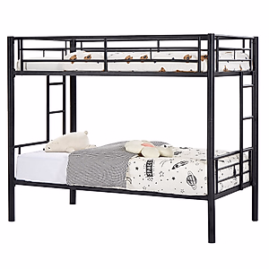 VECELO Metal Bunk Bed Twin Over Twin, Industrial Bunkbeds with Ladder and Full-Length Guardrail, Noise Free, No Boxing Spring Needed, Black