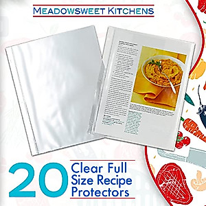 Meadowsweet Kitchens Full Size Clear Plastic Sheets Protector Pages for Recipe Organizer - 20 Clear Sheet Protectors for 3 Ring Binder, Plastic Sleeves for Paper Recipes, 8.5 x 11 Page, 3 Hole Punched