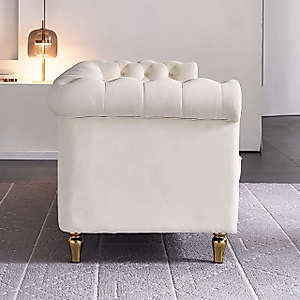 Yoglad Velvet Chesterfield Sofa, 84.65'' Mid Century Modern 3 Seater Couch with Round Arms and Metal Legs, Upholstered Sofa with Tufted Back for Living Room Bedroom (Beige)