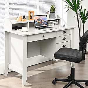 Tangkula White Desk with 4 Storage Drawers & Hutch, Home Office Computer Desk Vintage Desk with Storage Shelves, Wooden Executive Desk Writing Study Desk (White)