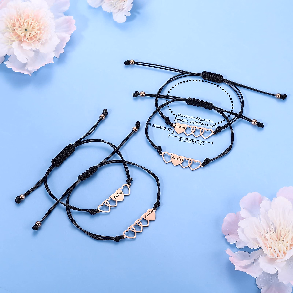 INBLUE Custom Matching Heart Bracelet Set, Personalized Name 4 Pieces Stainless Steel BFF Best Friend Rose-gold Bracelet Set, Friendship Gift for Sisters Best Friends Besties Women