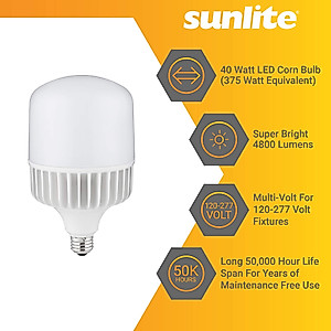 Sunlite 81252-SU LED T36 Super Bright High Lumen Corn Light Bulb, 40 Watts (375W Eq) 4800 Lm, Medium E26 Base, 120-277 Multi Volt, Non-Dimmable, 50K-Super White, UL Listed-Wet Location
