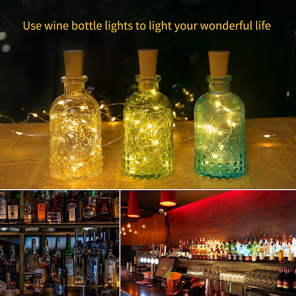 Brightown Wine Bottle Lights with Cork, 10 Pack 20 LED Waterproof Battery Operated Cork Lights, Silver Wire Mini Fairy Lights for Liquor Bottles DIY Party Bar Christmas Wedding Décor