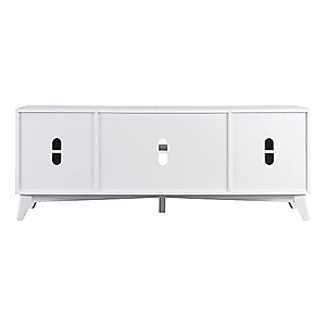 OKD TV Stand for 75+ Inch TV, Mid Century Modern Entertainment Center with Natural Rattan Door, Storage Shelves, Long Boho Media TV Console, Long Television Stand for Living Room, White