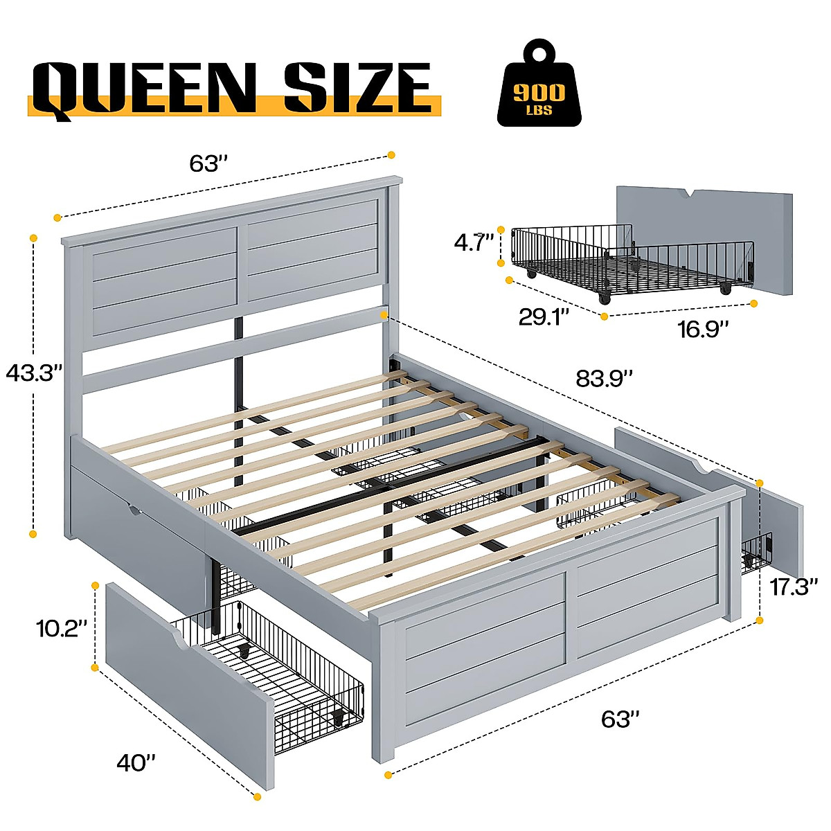 YUMPIE Queen Size Platform Bed Frame with 4 Storage Drawers and Headboard, Wood Bed Frame with Wood Slats Support, No Box Spring Needed, Storage Bed Frame for Kids, Teens, Adults, Grey
