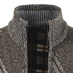 Men Zip Up Thick Knitted Cardigan Stand Collar Fleece Lined Sweaters Slim Fit Winter Warm Sweater with Pockets (Brown,Large)