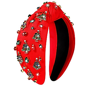 Jeweled Christmas Tree Headband with Embellished Crystals and Pearls - Wide Top Knot Knotted Headbands for Women, Holiday Hair Accessories and Outfits Gift