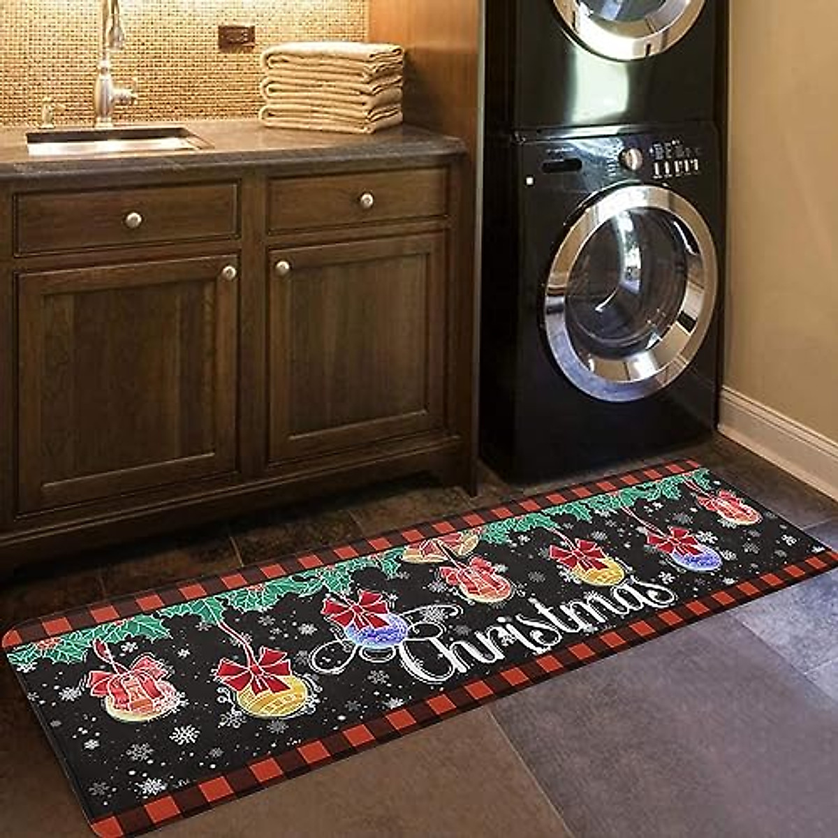 Libaoge Kitchen Mat Rug 1 PCS Christmas Balls Red and Black Buffalo Plaid Runner Rug Anti-Fatigue Comfort Memory Foam Standing Mat Non-Slip Floor Door Mat for Bathroom Bedroom 16x47in