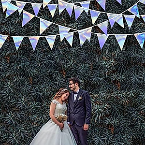 33Ft Iridescent Party Decoration Holographic Fabric Triangle Pennant Banner Flag Cotton Bunting Garland for Birthday Wedding Bridal Shower Bachelorette Engagement Disco Euphoria Galaxy Party Supplies