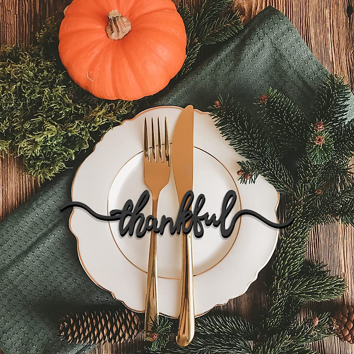 Thanksgiving Cutout Wood Table Place Card Thankful Grateful Blessed Gather Wood Word Table Decorations Fall Themed Thanksgiving Party Table Home Supplies (Black, 8)