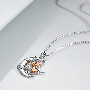 YFN Witch Necklace for Women Sterling Silver Cat Witch Hanging on Broom Witch Jewelry Gifts for Women