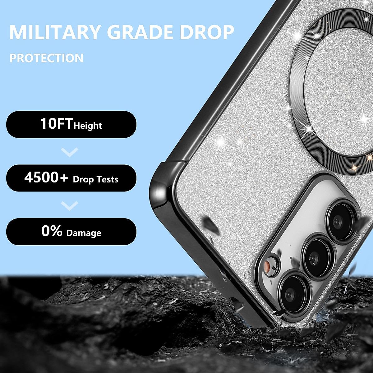 ZTOFERA Clear Magnetic Case for Samsung Galaxy S23 Plus 5G with Gradient Glitter Peice(2 in 1), Luxury Plating Cute Transparent Bling Sparke Case for Women Girls,Shockproof TPU Protector Cover-Black