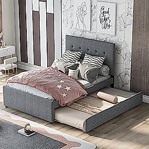 RUNWON Full Size Linen Upholstered Platform Bed with Headboard and Trundle for Bedroom Living Room, Space Saving Design, Grey
