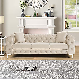 Morden Fort Modern Contemporary Sofa Couch with Deep Button Tufting Dutch Velvet, Solid Wood Frame and Iron Legs-Beige