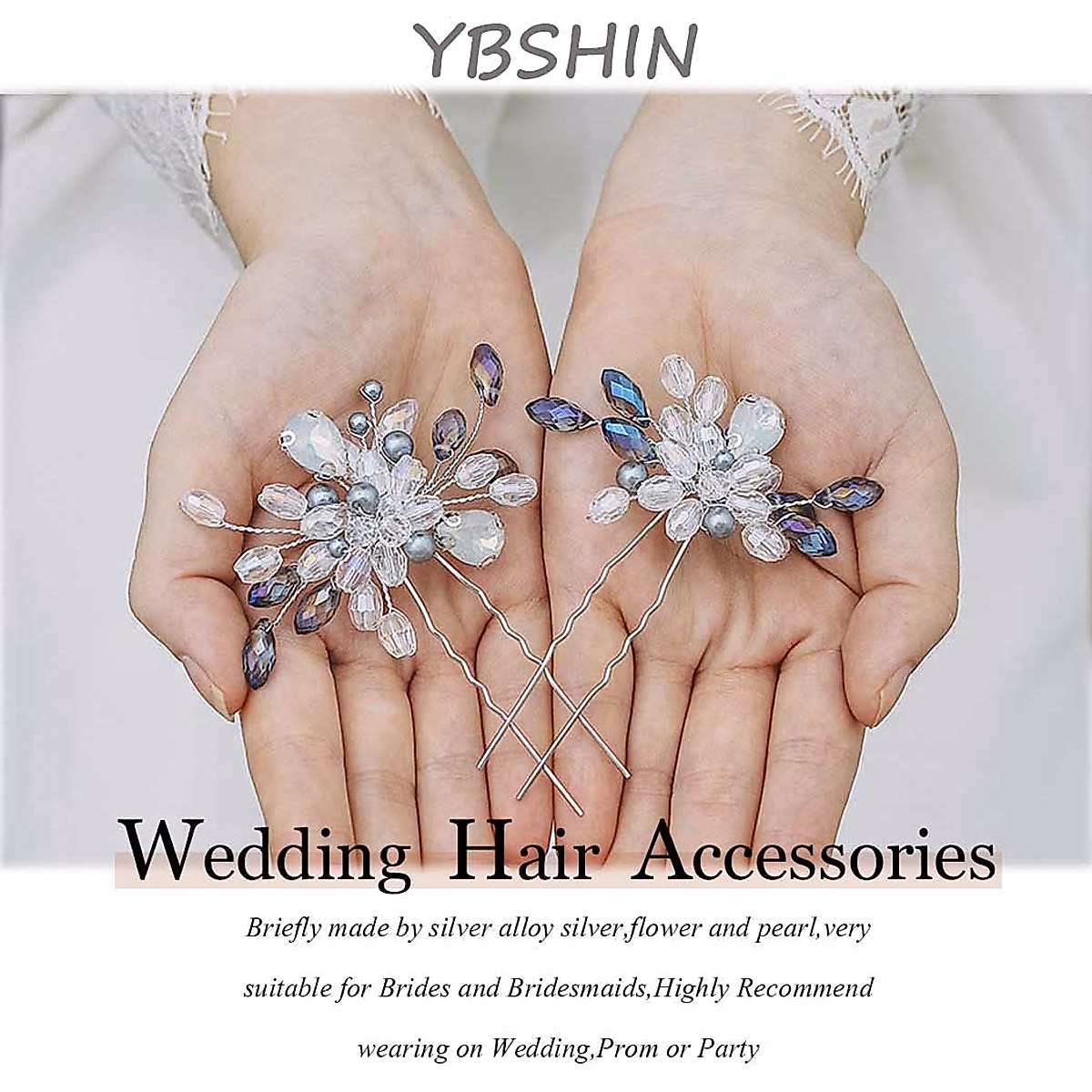 YBSHIN Bride Wedding Blue Hair Pins Silver Crystal Hair Clips Rhinestone Bridal Headpieces Beaded Hair Accessories for Women and Girls (Pack of 2)