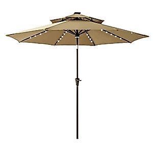FLAME&SHADE 9 ft Double Top Solar Powered Outdoor Market Patio Table Umbrella with LED Lights and Tilt, Beige
