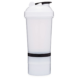 GOMOYO [2 Pack] 20-oz Shaker Bottle with Attachable Storage Compartments (White & Black - 2 Pack) | 20 Ounce Protein Shaker Cup with Mixing Agitator