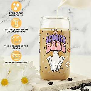 Gifts for Her, Halloween Sister Friend Gifts, Spooky Season Gift, Halloween Glass Can Cups, Stay Spooky GIced Coffee Cup, Fall Glass Cups, Halloween Gifts, Halloween Lover 16 OZ Cup with Lid and Straw
