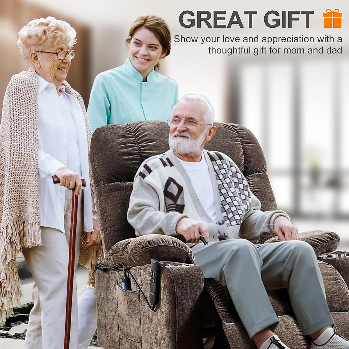 Plococo Lay Flat Sleeping Dual OKIN Motor Lift Recliner Chair with Vabriation Heat Massage for Elderly,Infinite Position Soft Fabric Power Electric Recliner Sofa Chair for Living Room, Brown, 9990