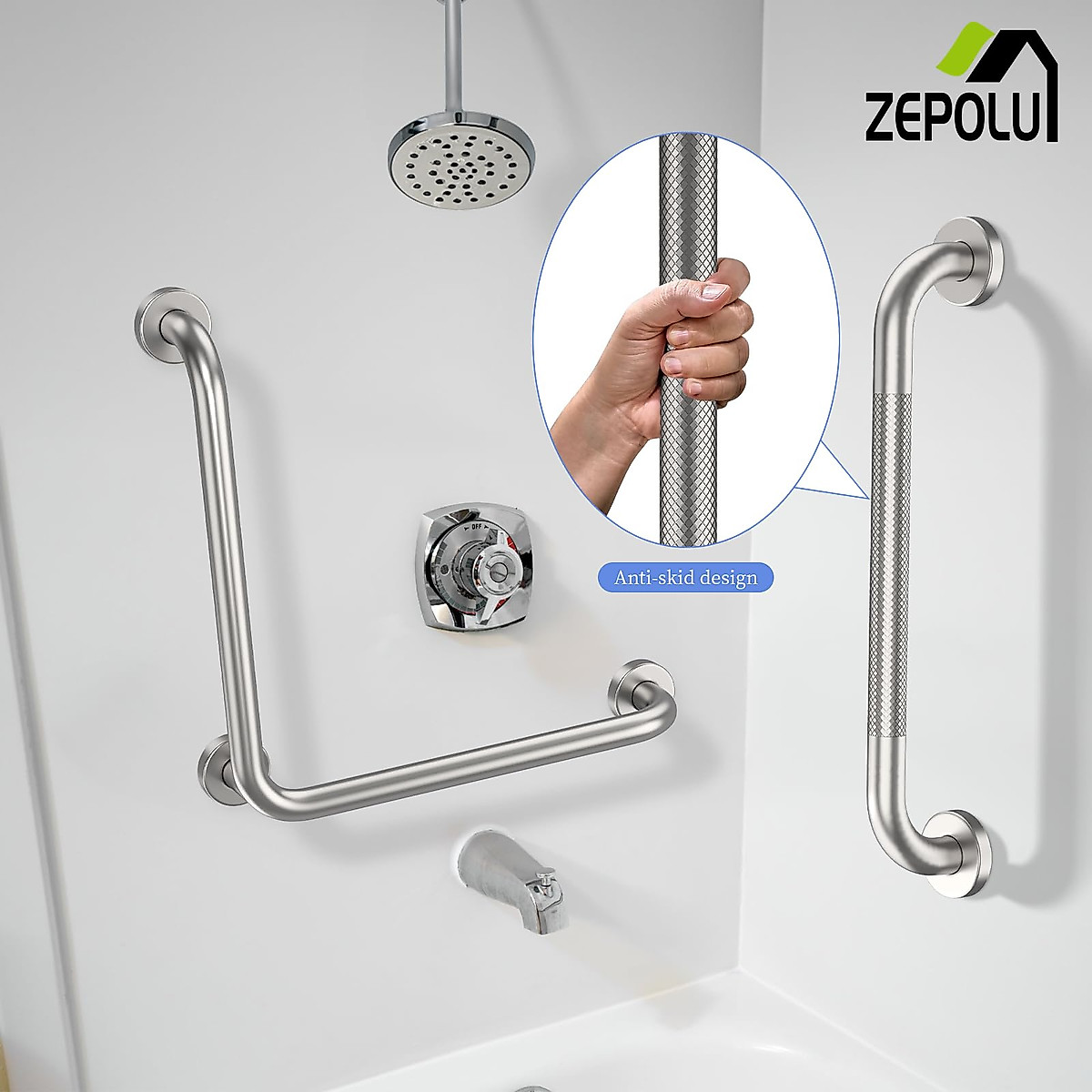 Brushed Nickel Angled Grab Bar 16 Inch, Zepolu Stainless Steel L-Shaped Safety Grab Rail, Bathroom Mobility Aid Handrail, Wall Mounted Balance Support Assist Shower Handle for Senior Elderly Handicap