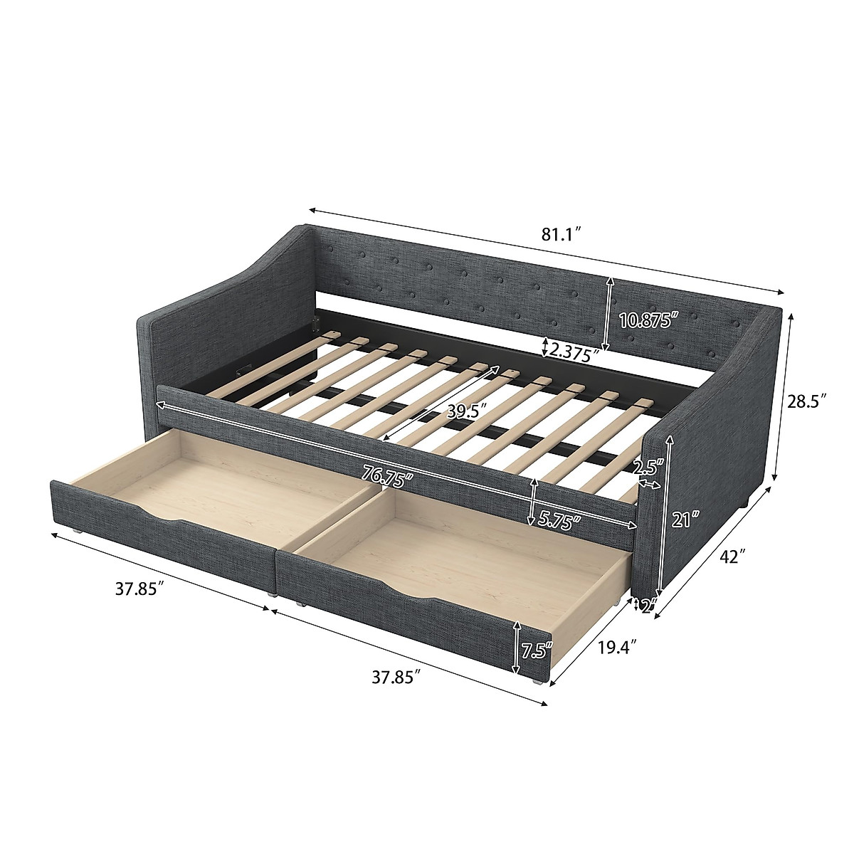 ACQCA Twin Size Daybed with Storage, Upholstered Day Bed Frame with 2 Drawers and Button Tufted Backrest,Wood Slat Support,No Box Spring Needed,Dark Grey