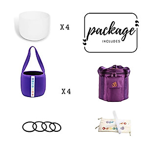 FMTY Singing Bowl Perfect Pitch 6B+8G+10E+12C Crystal Singing Bowl with Carrying Bag, Crystal Mallet, O-Ring Pure Quartz Crystal Sound Bowl for Meditation, Yoga, Spiritual Healing (Set of 4, White)