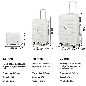 Somago 3 Pieces Luggage Set(14/20/24) PP Lightweight 4 Double 360 Degrees Mute Spinner Wheels Suitcase with TSA Lock & YKK Zipper (Creamy White)