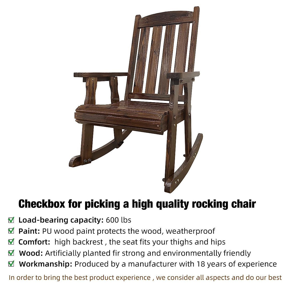 Wooden Rocking Chair with Comfortable Backrest Inclination, High Backrest and Deep Contoured Seat, Solid Fir Wood, Heavy Duty 600 LBS, for Both Outdoor and Indoor, Porch and Patio (Deep Brown)
