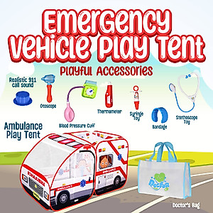 Ambulance Pop-up Play Tent for Kids with Sounds, Doctor Kit & Ball Pit for Toddlers & Up - Easy Setup Pop up Toy for Indoor & Outdoor, Emergency Vehicle Playset, Pretend Play, Great Gift