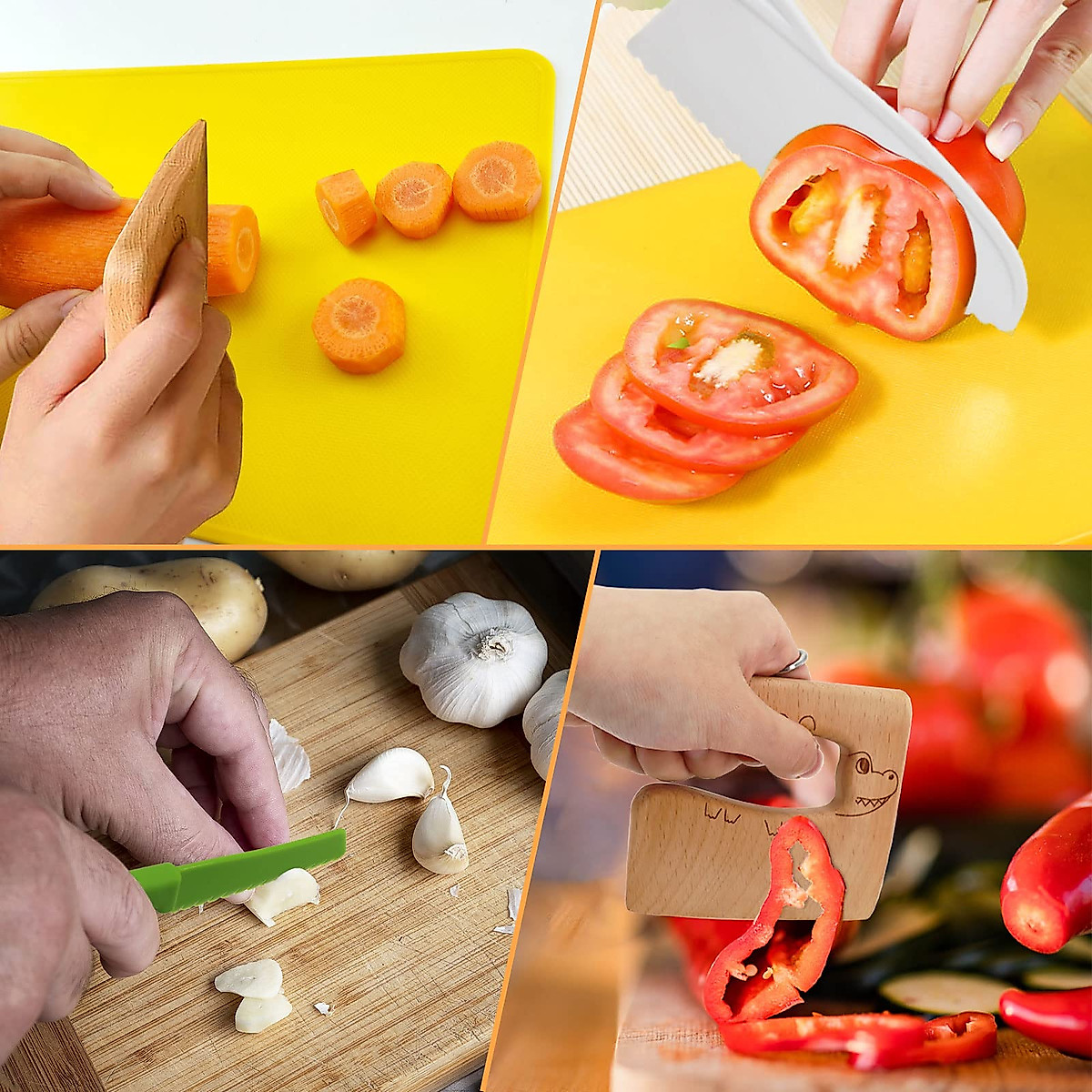 RISICULIS 11 Pieces Wooden Kids Kitchen Knife, Kids Knife Set Include Wood Kids Safe Knife, Serrated Edges Plastic Toddler Knife, Crinkle Cutter, Sandwich Cutter, Y Peeler, Cutting Board (Crocodile)