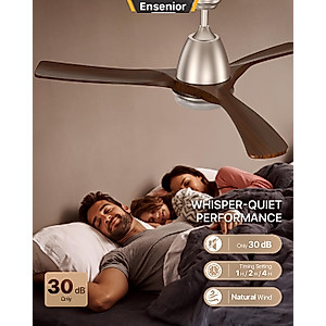 Ensenior 52’’ Wood Ceiling Fan with Light and Remote Control, Reversible and Silent DC motor, Modern Ceiling Fan with Remote for Bedroom, Living Room, 5CCT selectable LED Light, Brushed Nickel (425)