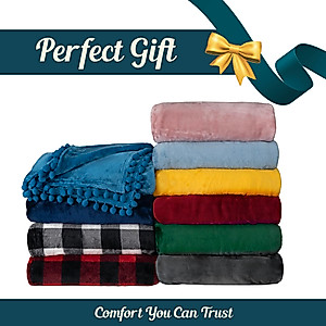 PAVILIA Mustard Yellow Throw Blanket Pom Pom for Couch, Twin Size, Soft Fleece Cozy Pompom Fringe Sofa Blanket, Decorative Home Gift Flannel Velvet, Gold Yellow, 50x60