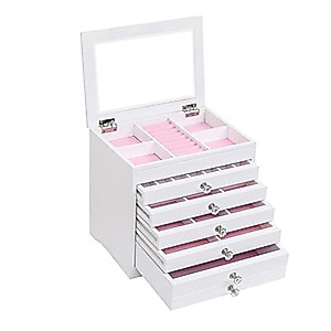 ZSEDP High Large Gloss Wooden Jewellery Box Armoire Bracelet Organizer Storage 5 Layers Glass White US Warehouse