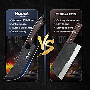 Huusk Japan Knife, Hand Forged Meat Cleaver Knives Japanese Cooking Knife Black Butcher Knife for Meat Cutting Full Tang Kitchen Knives Cleaver Knife for Kitchen, Camping Thanksgiving Christmas Gifts