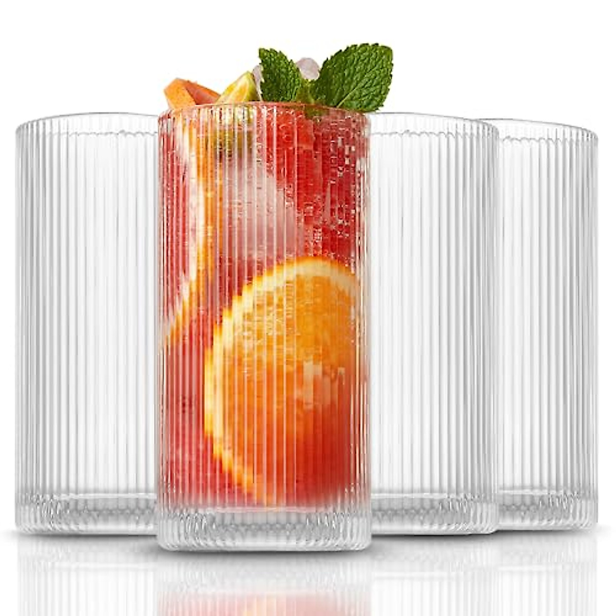 Mfacoy Glass Cups Vintage Glassware Set of 4 Large, Origami Style Transparent Cocktail Drinking Glasses Set, Bar Beverages Ice Coffee Cup Juice Ripple Drinkware, 13 Ounce