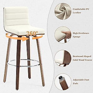 Bekrvio Bar Stools Set of 3 Swivel Bar Stools with Backs, 29 Inch Bar Height Upholstered PU Leather Barstool, L Shape Back, Padded Seat, Mid-Century Modern Bar Stool Chairs for Kitchen Island, White