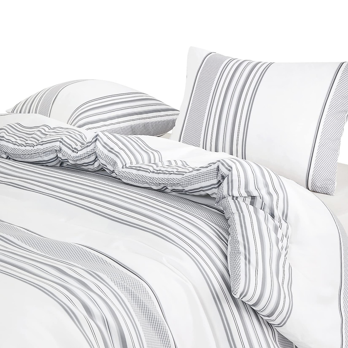 Wake In Cloud - Grey and White Comforter Set King Size, 3 Pieces Lightweight Bedding for Men and Women, Gray Neutral Farmhouse Aesthetic Stripes Striped