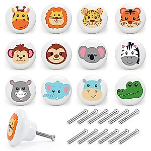 Tuitessine 12 Pack Assorted Safari Animals Drawer Knobs Funny Round Ceramic Dresser Knobs Cabinet Closet Cupboard Pulls Cute Wardrobe Handles Jungle Decor for Nursery Kitchen Bathroom Bedroom