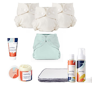 Esembly Cloth Diaper Bundle Set (Size 1, Mist), Rash Relief Cream (3 oz), Everyday Balm (4 oz), Wipe Up Wash Kit and 12pk Wipe Ups Bundle - Complete Diapering Package for Babies