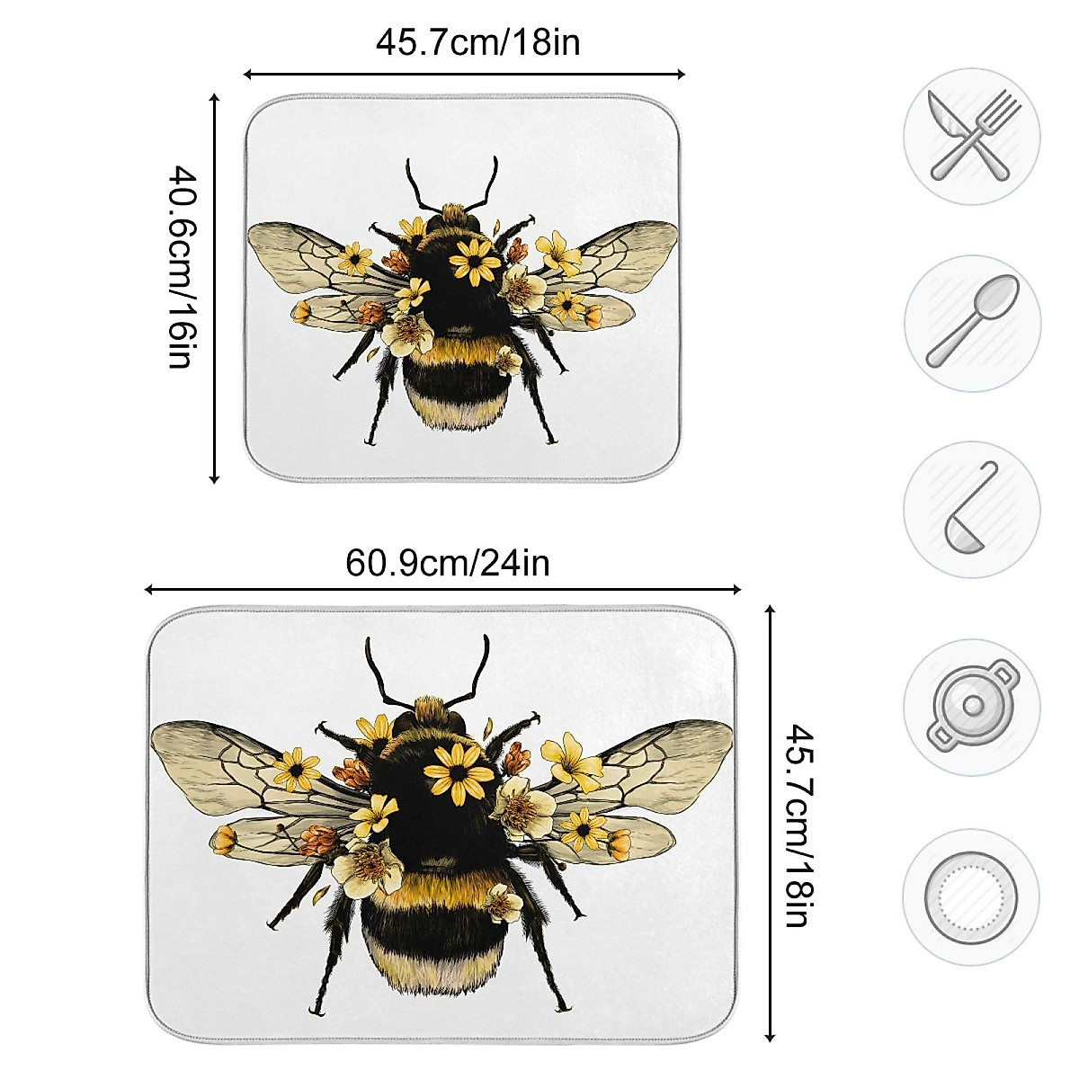 Aflyko Bee Flower Cute Dish Drying Mat Countertop Protector Kitchen Decor 16" × 18"