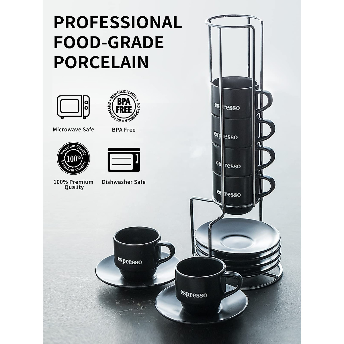 Espresso Cups with Saucers Set, Porcelain Coffee Cups Set with Metal Stand 4 OZ Stackable Demitasse Cups for Latte, Cafe, Mocha and Cappuccino, Tea Cup Set of 6, Thanksgiving Gifts, Black